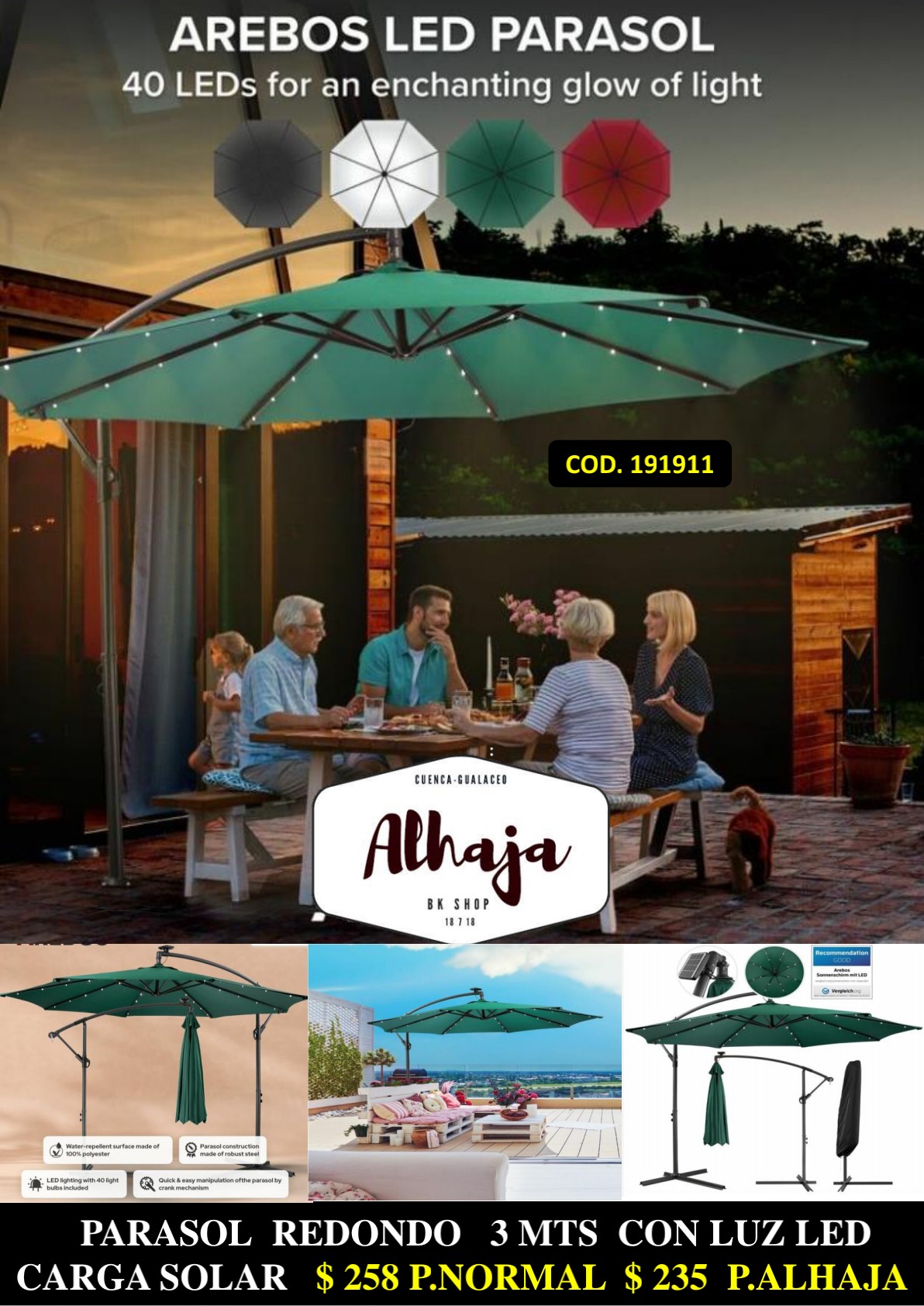 PARASOL REDONDO CON BRAZO + LUZ CON PANEL SOLAR - ALHAJA BK SHOP