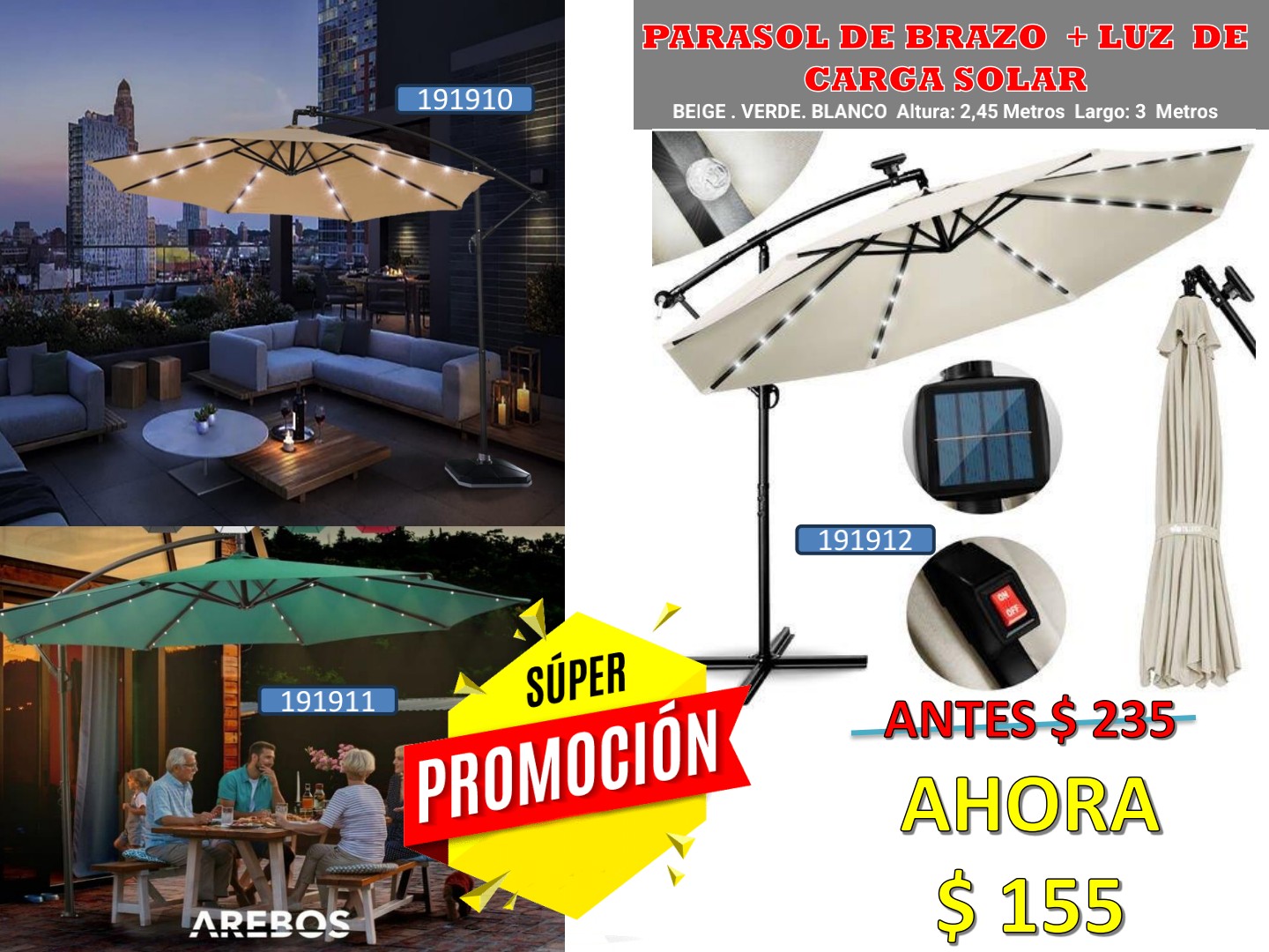 PARASOL REDONDO CON BRAZO + LUZ CON PANEL SOLAR - ALHAJA BK SHOP